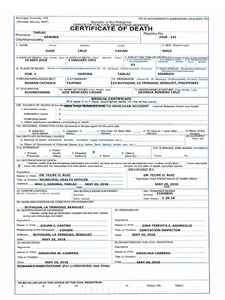 Death Certificate Sample - Philippines 2018 | PDF
