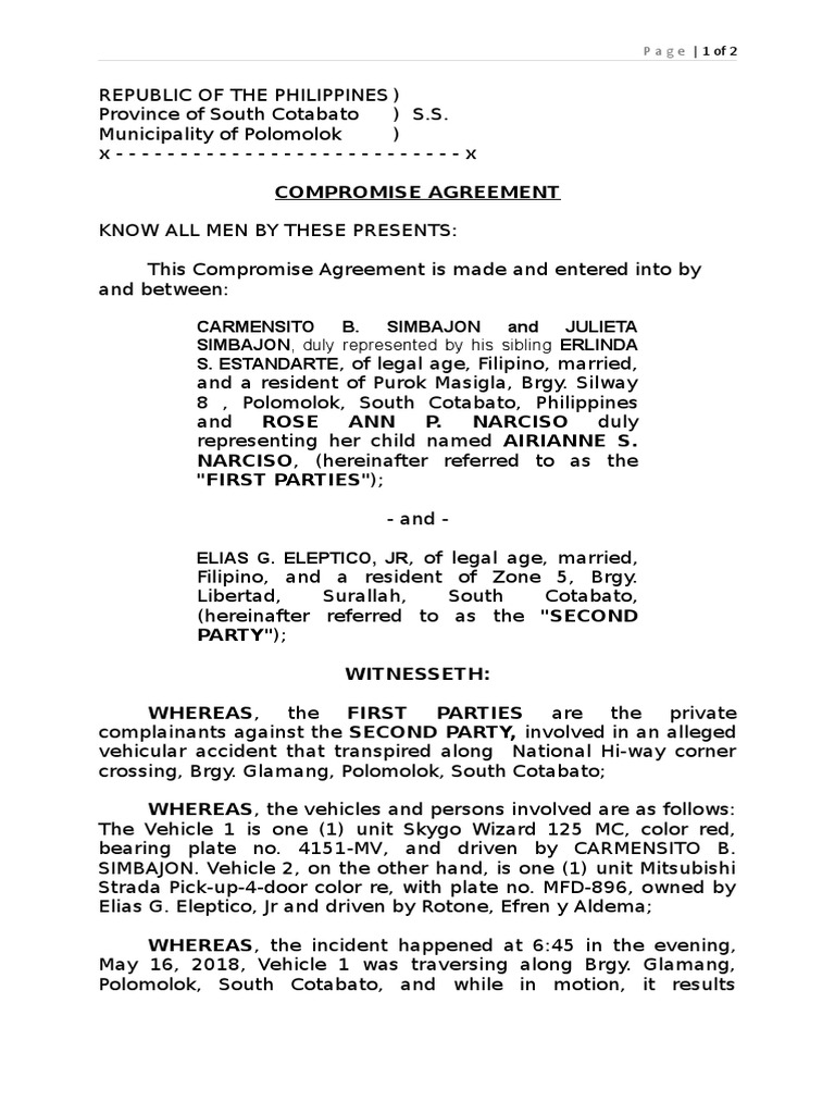 Compromise Agreement Accident Reimbursement Simbajon | PDF | Virtue ...