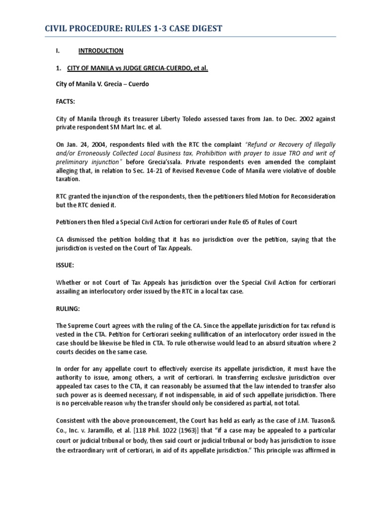 CIVPRO Rule 1 3 Case Digest | PDF | Complaint | Certiorari