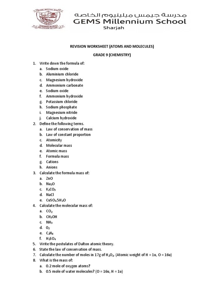 Revision Worksheet (Atoms and Molecules) Grade 9 (Chemistry) | PDF