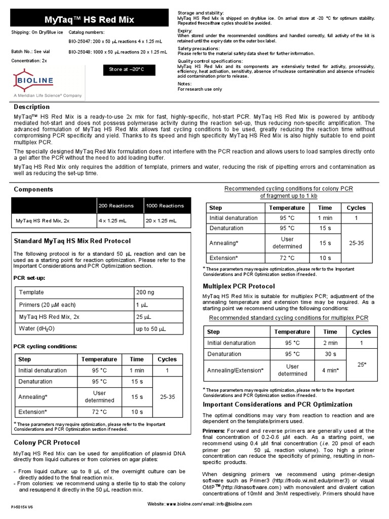 Mytaq Hs Red Mix Product Manual | PDF | Polymerase Chain Reaction ...