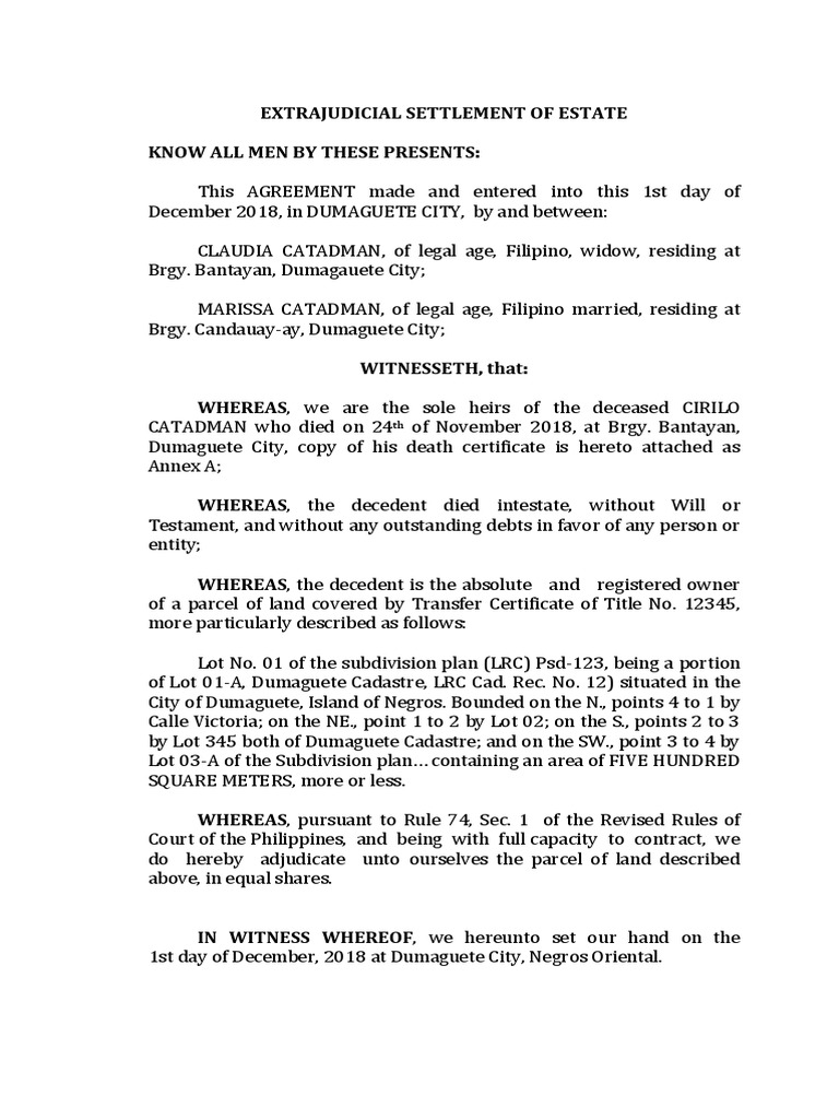 Sample Extrajudicial Settlement of Estate Cirilo | PDF | Document ...