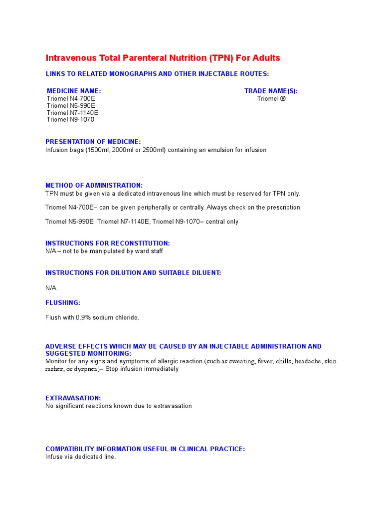 Generic TPN Final Version 15sep13 | PDF | Intravenous Therapy | Medicine