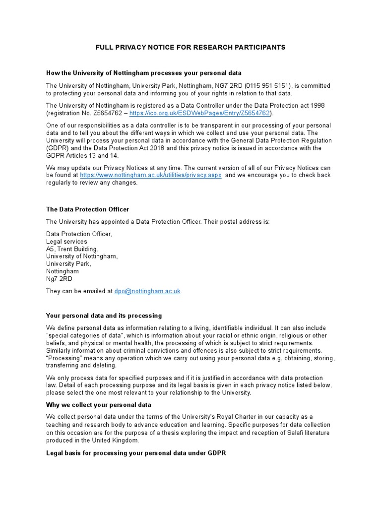 Full Privacy Notice For Research Participants | PDF | Personally ...