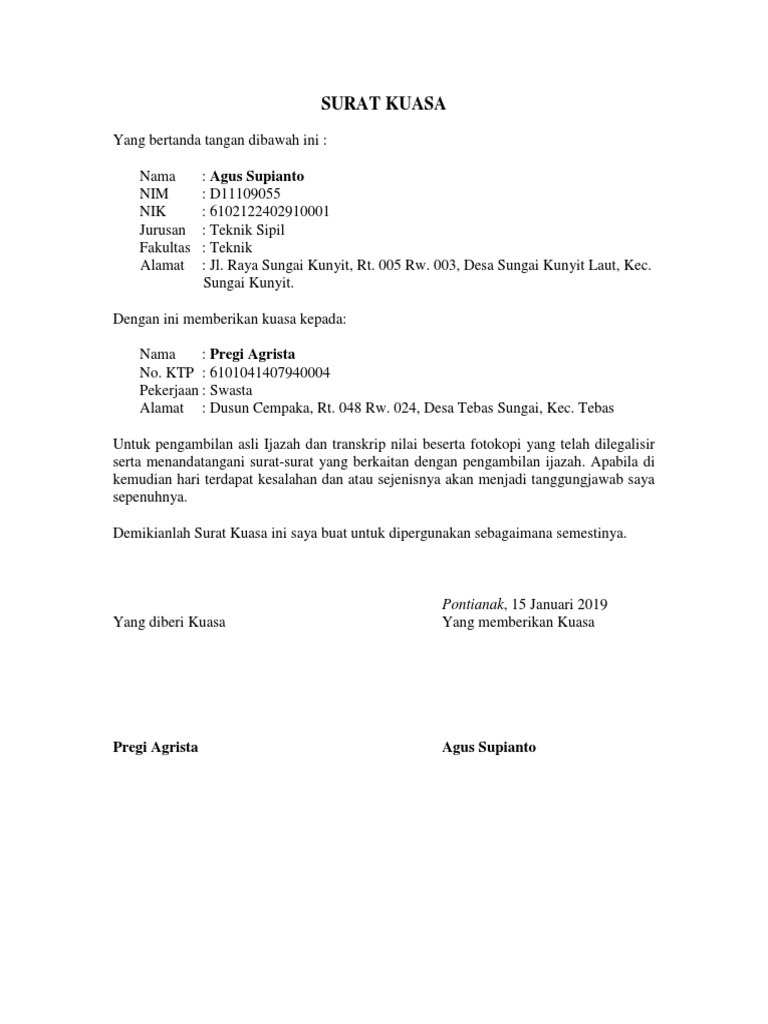 Contoh Surat Kuasa Pengambilan Ijazah BG Agus | PDF