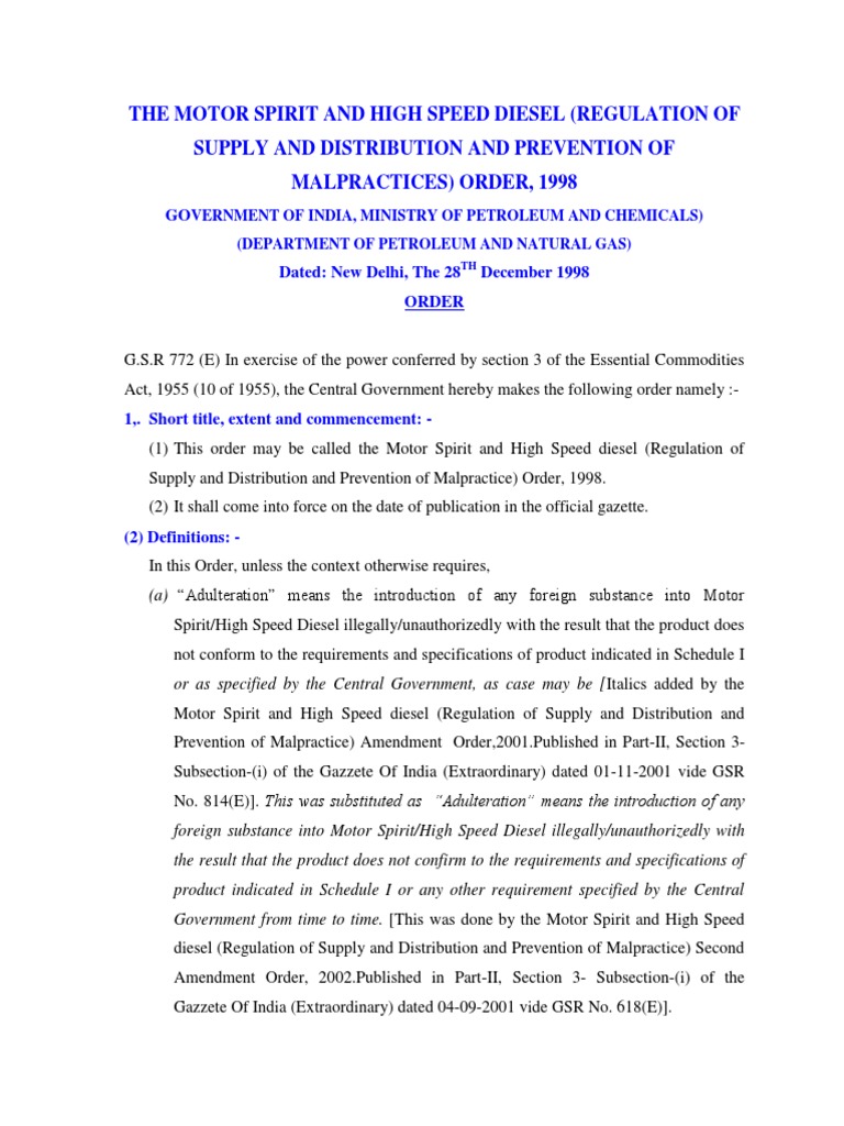The Motor Spirit and High Speed Diesel (Regulation of Supply and ...