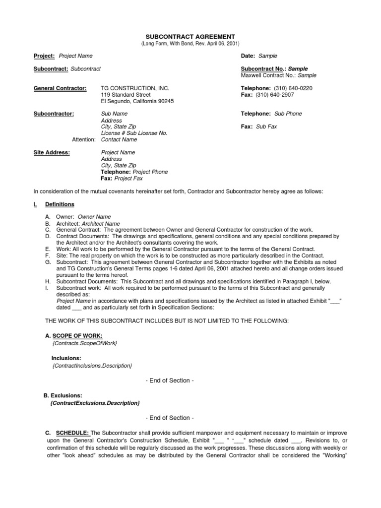 TG Long Subcontract Agreement | PDF | General Contractor | Occupational ...
