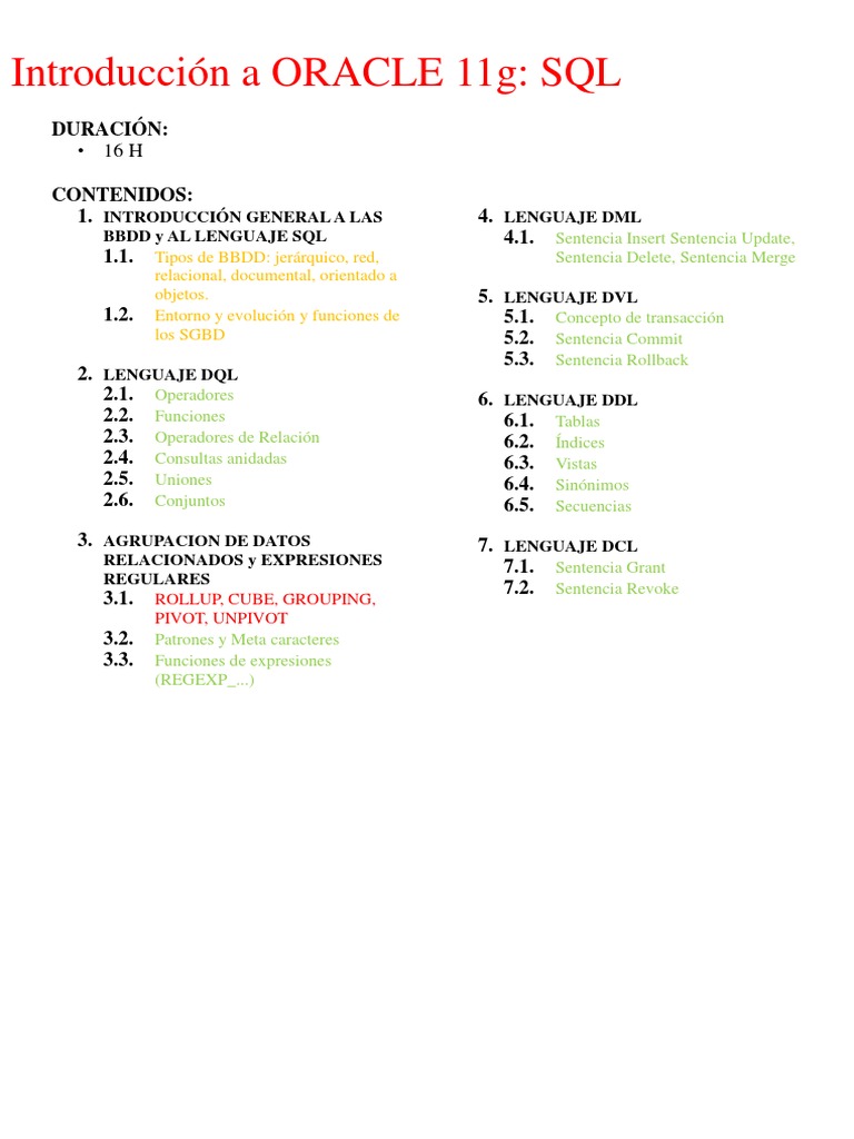 Introducción A ORACLE 11g | PDF | SQL | Bases de datos