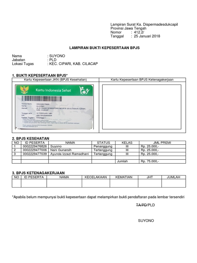 Lampiran Bukti Kepesertaan BPJS Suyono | PDF