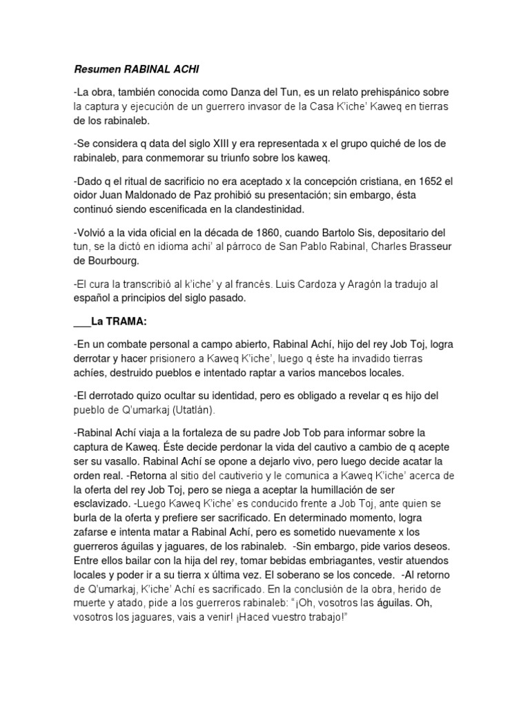 Resumen Rabinal Achi | PDF