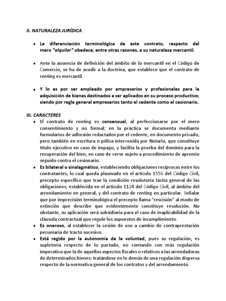 Contrato de renting RESUMEN.docx | Arrendamiento | Alquiler