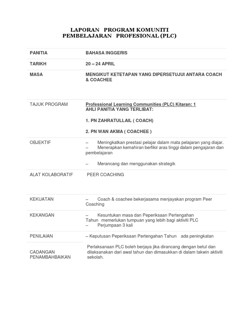 Contoh Laporan Program Komuniti Pembelajaran Profesional | PDF