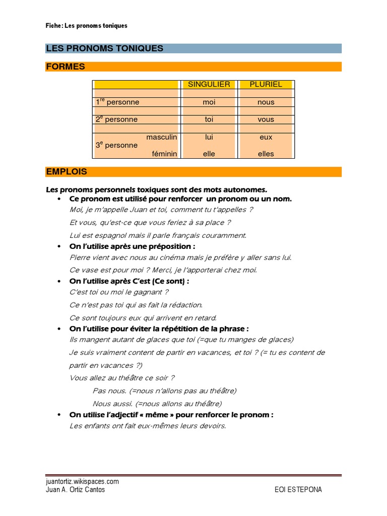 Les pronoms toniques en français | PDF
