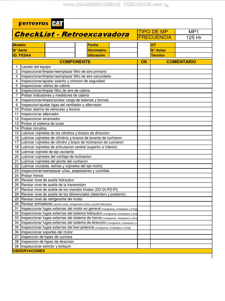Material Checklist Retroexcabadora Lavado Inspeccionar Indicadores ...