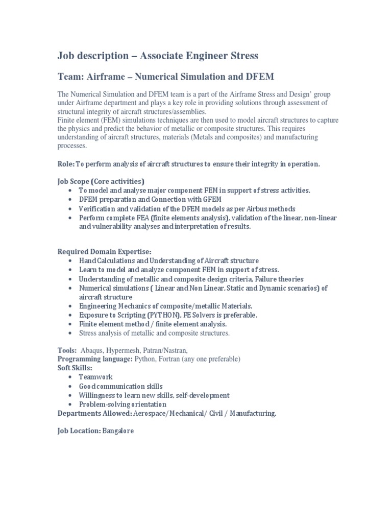 Job Description - Associate Engineer Stress: Team: Airframe - Numerical ...