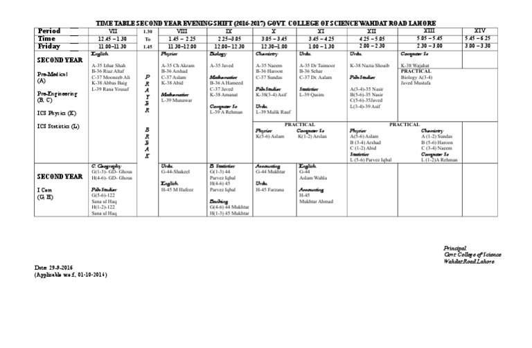 4 Time Table Evening 2nd Year 29-9-16 | PDF