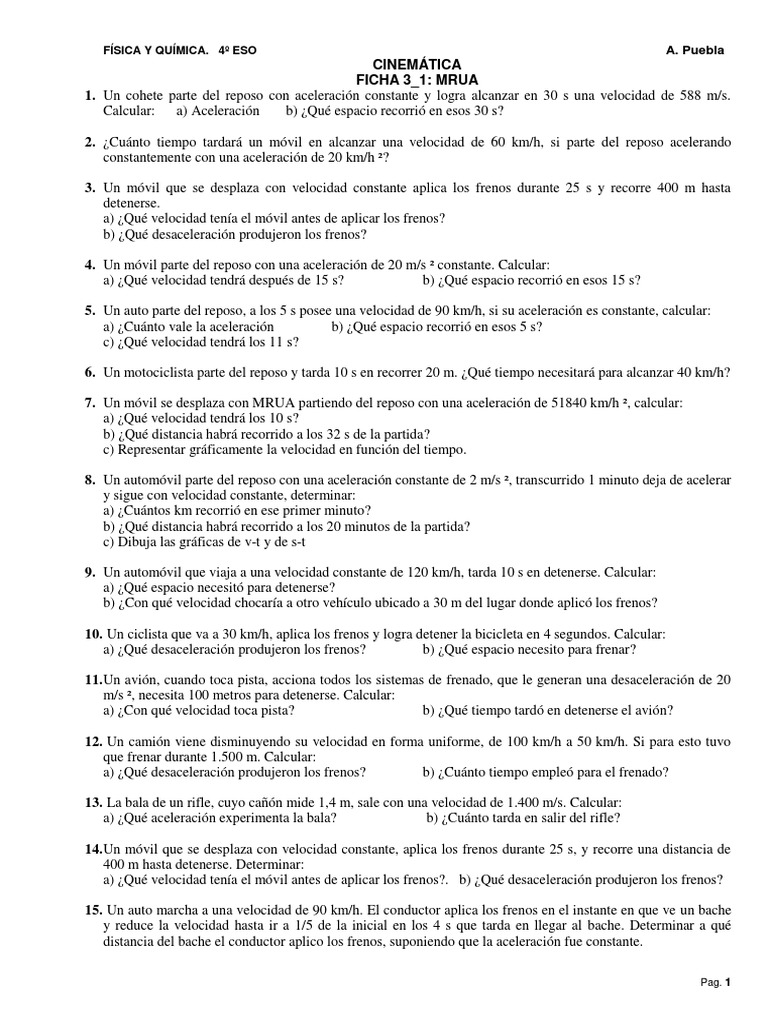 Ficha 3 - 1 - MRUA | PDF | Velocidad | Aceleración