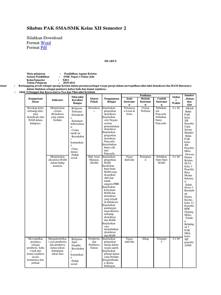 Silabus PAK SMA KELAS XII SEM 2 | PDF