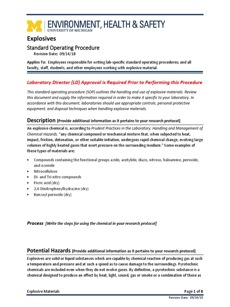 Explosives: Standard Operating Procedure | PDF | Laboratories ...