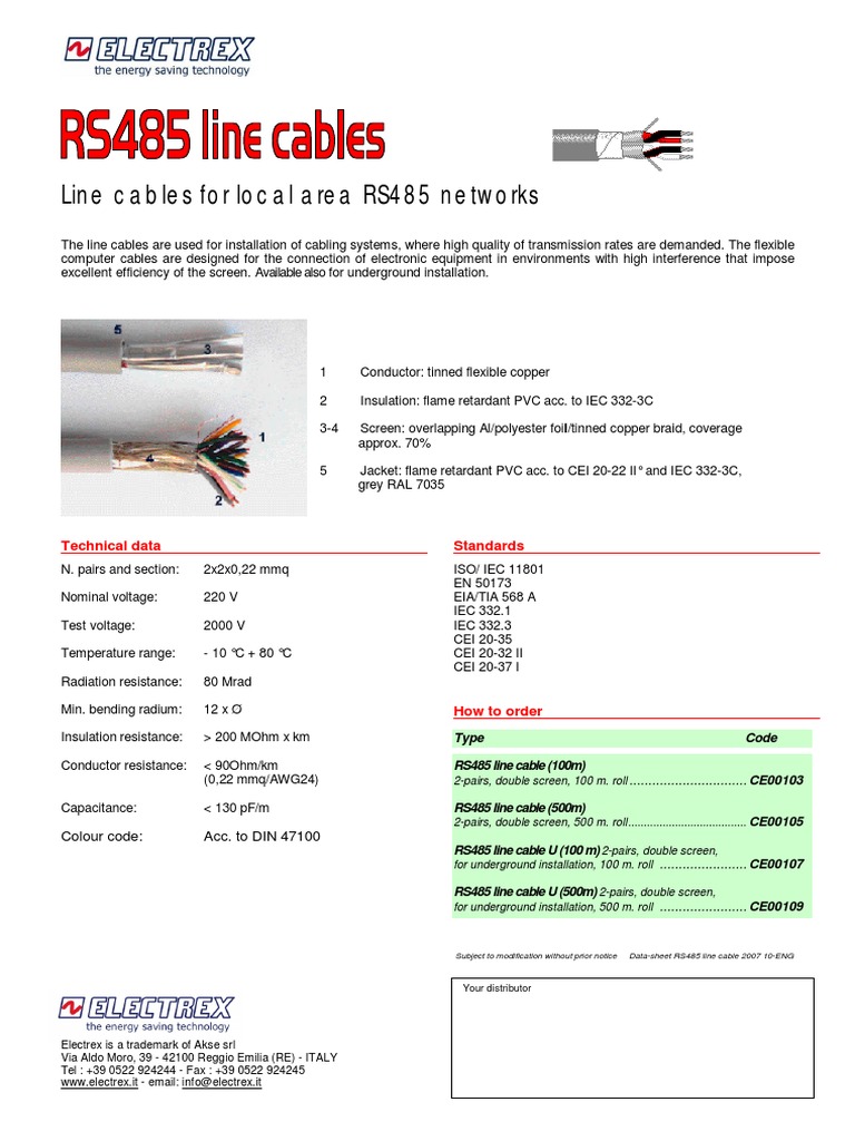 Data Sheet RS485 Line Cable PDF | PDF | Electricity | Electromagnetism