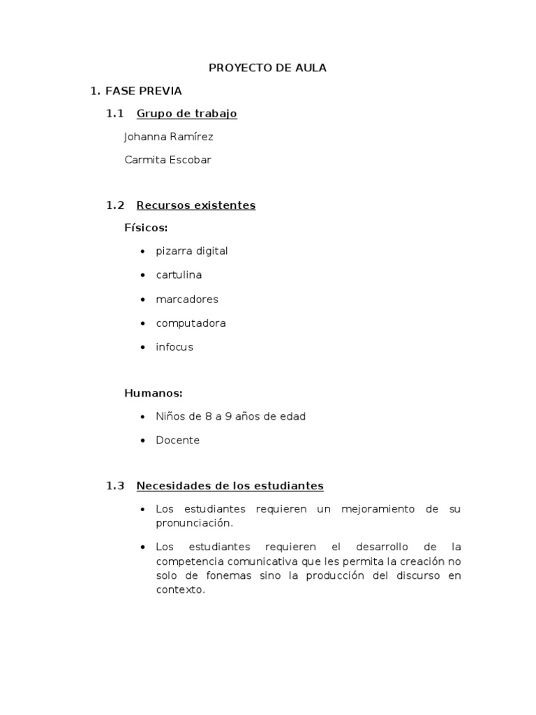 Proyecto de Aula | PDF | Salón de clases | Aprendizaje