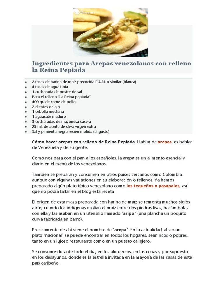 Receta de Arepas Venezolanas | PDF | Alimentos | Cocinando