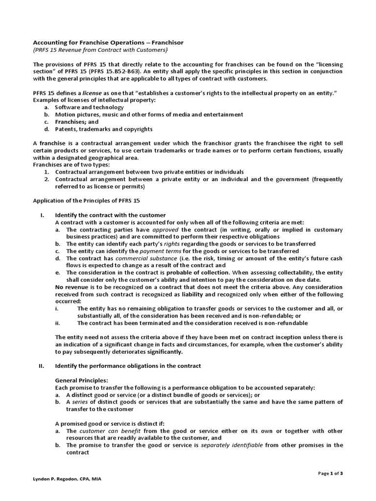 Accounting For Franchise (PFRS 15) Handouts | PDF | Franchising | License