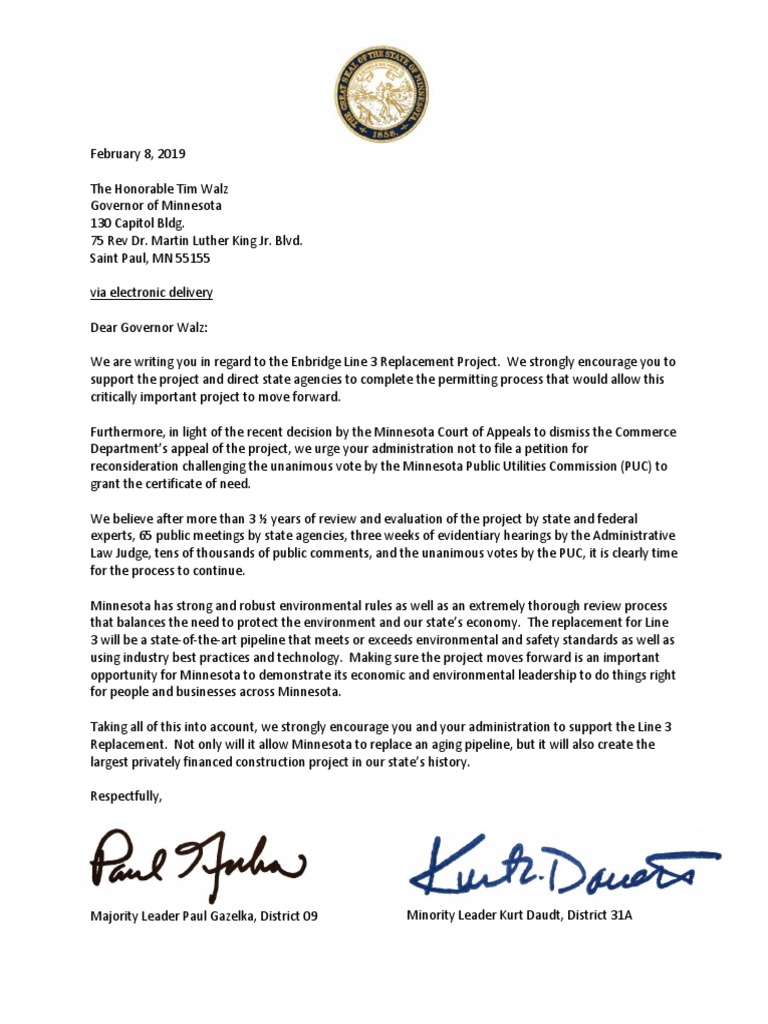 Letter Urging Governor Walz To Support Line 3 | PDF | Minnesota ...