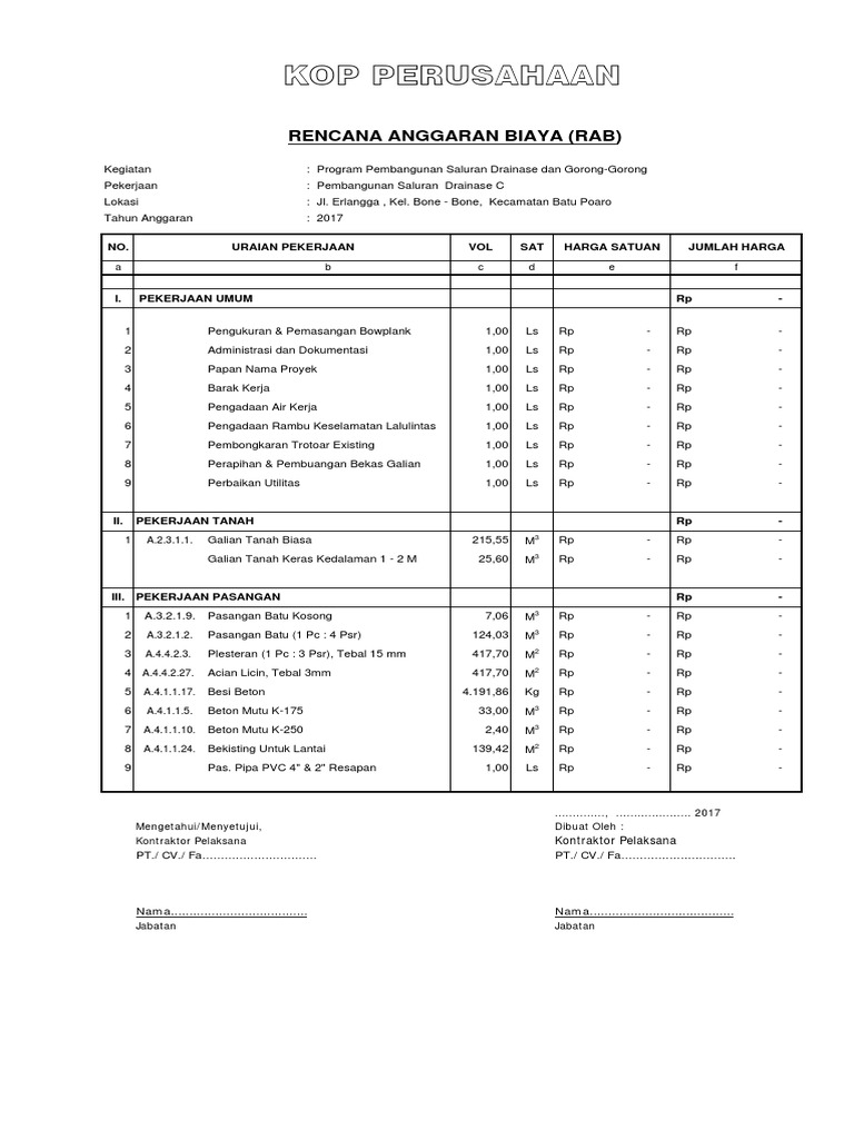 Kop Perusahaan: Rencana Anggaran Biaya (Rab) | PDF
