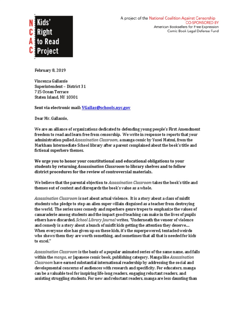 Letter To NYC DOE District 31 ISO Assassination Classroom | PDF | First ...