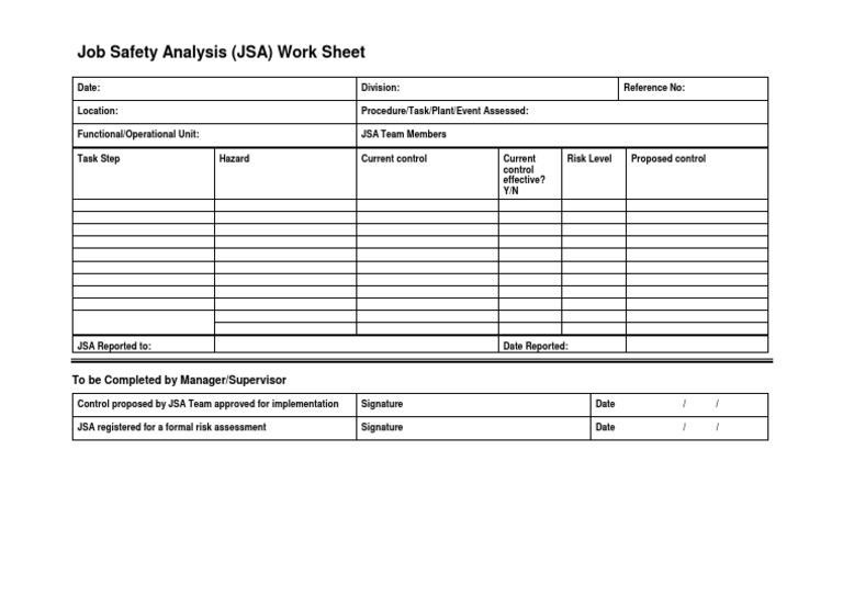 Job Safety Analysis (JSA) Work Sheet: To Be Completed by Manager ...