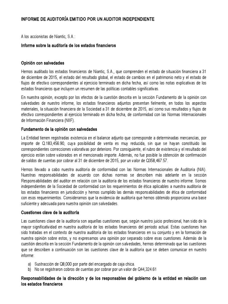 Opinión Con Salvedades | Auditoría | Estado financiero
