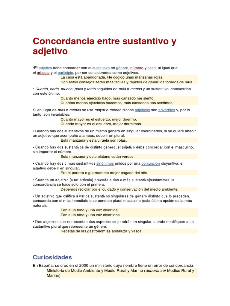 Concordancia Entre Sustantivo y Adjetivo | PDF