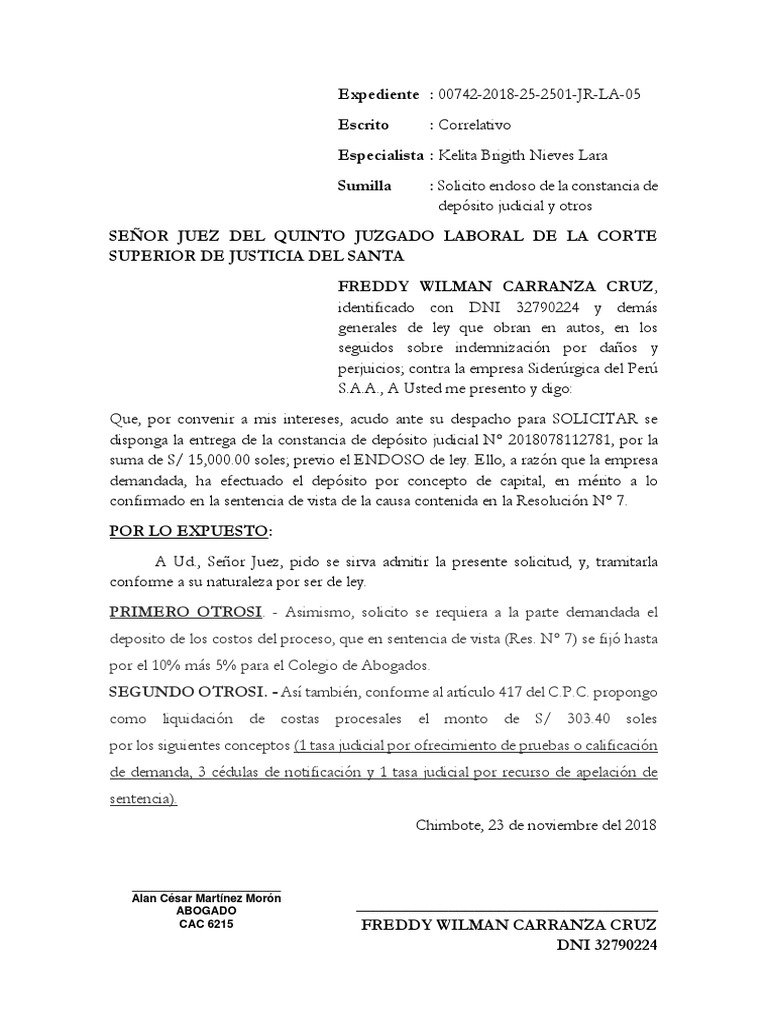 Escrito de Endoso y Entrega de Deposito Judicial y Otros - Costos y Costas | Descargar gratis ...