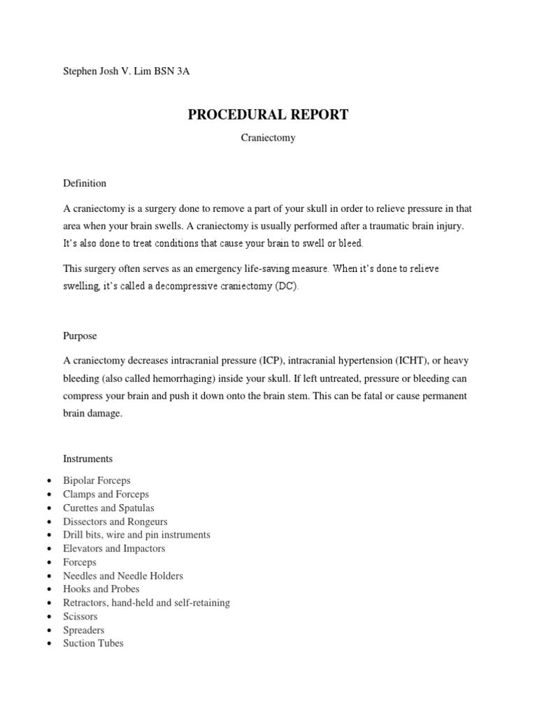 Procedural Report Craniectomy | PDF | Surgery | Heart