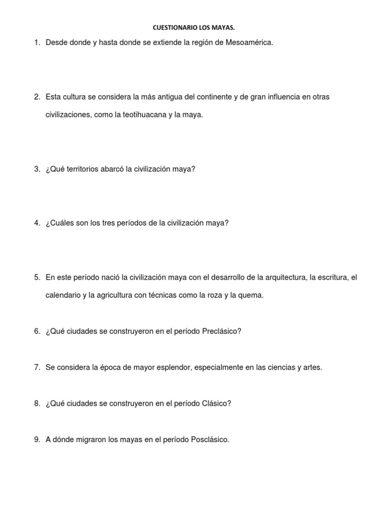 Cuestionario Los Mayas | PDF