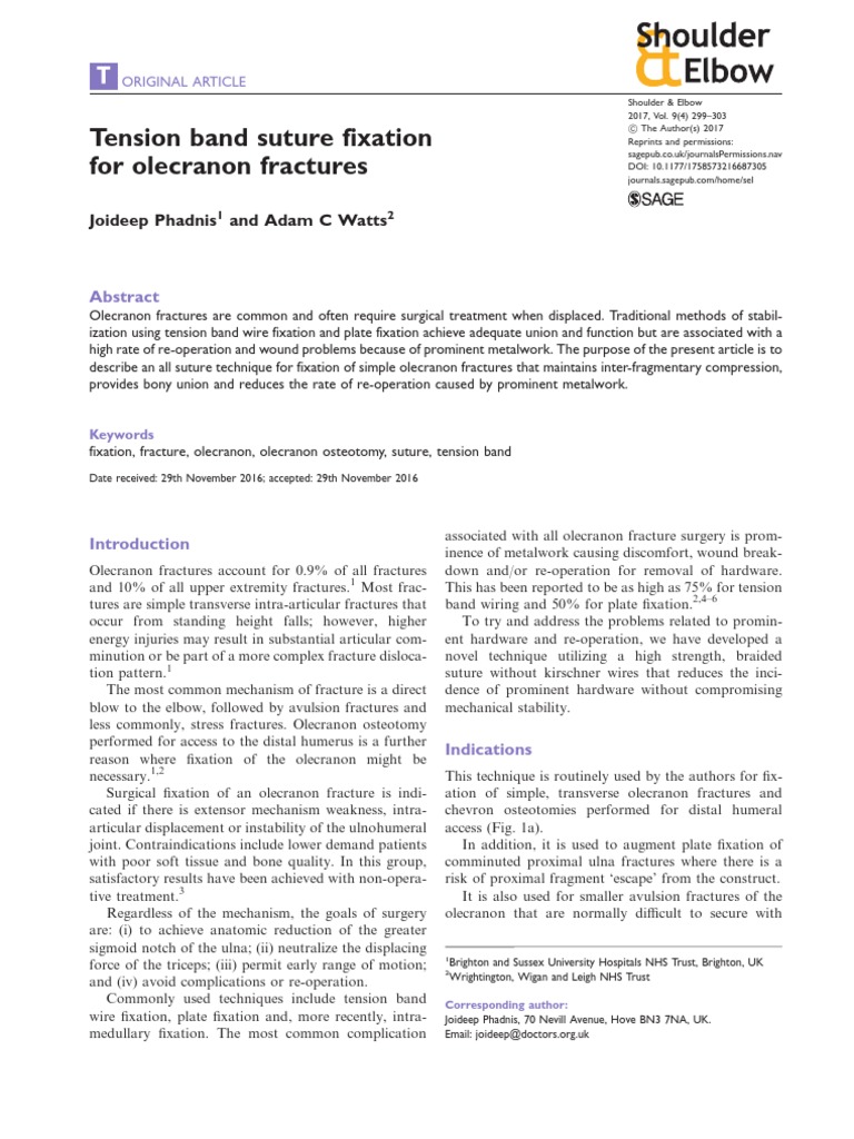 Tension Band Suture Fixation For Olecranon Fractures: Joideep Phadnis ...