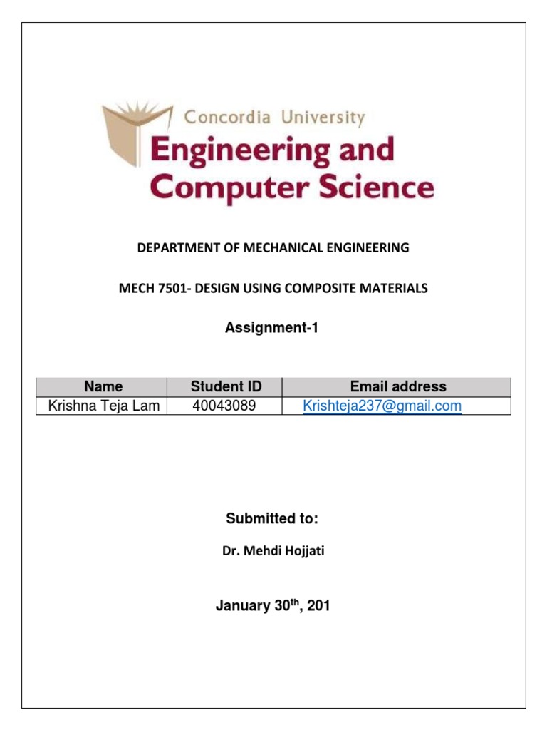 Department of Mechanical Engineering Mech 7501-Design Using Composite Materials Assignment-1 ...