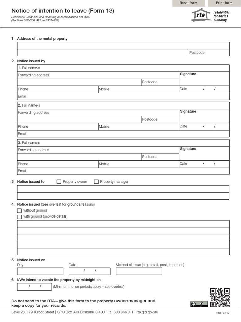 RTA Notice of Intention To Leave Form13 | PDF | Leasehold Estate | Lease
