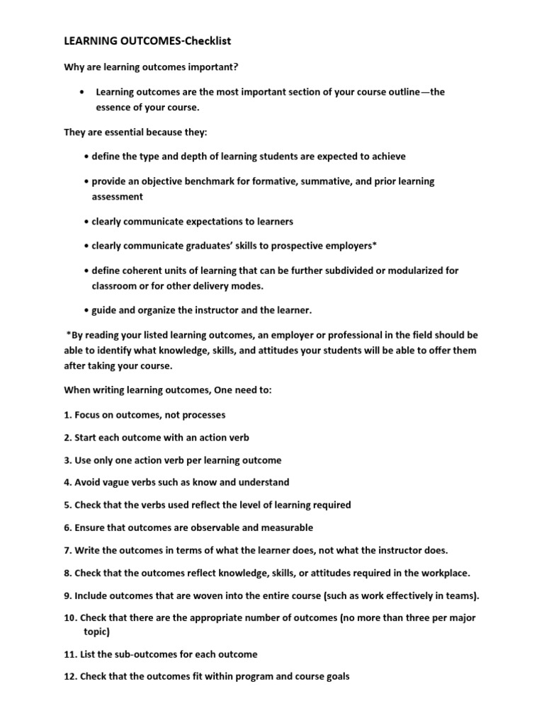 LEARNING OUTCOMES Checklist | PDF | Educational Assessment | Applied ...