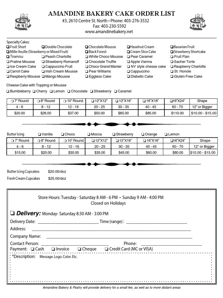 Amandine Bakery Cake and Specialty Order Form - Listing Cake Types ...