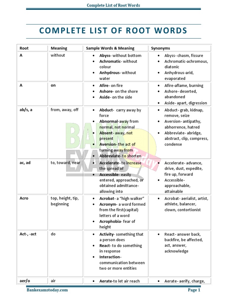 Complete List of Root Words PDF | PDF | Nature