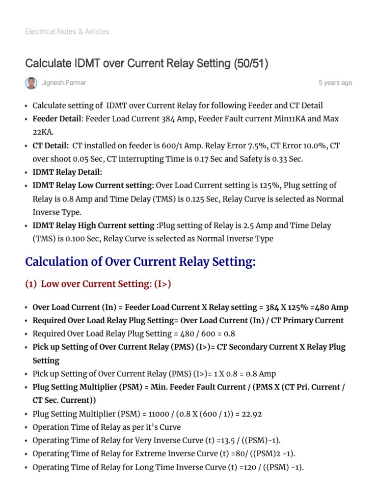 Calculate IDMT Over Current Relay Setting (50 - 51) - Electrical Notes ...