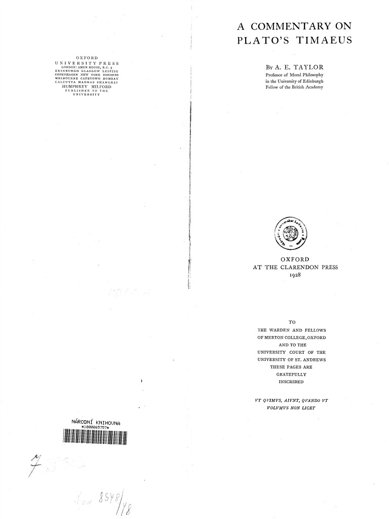 A. E Taylor - A Commentary On Plato's Timaeus, (1928, Clarendon Press ...