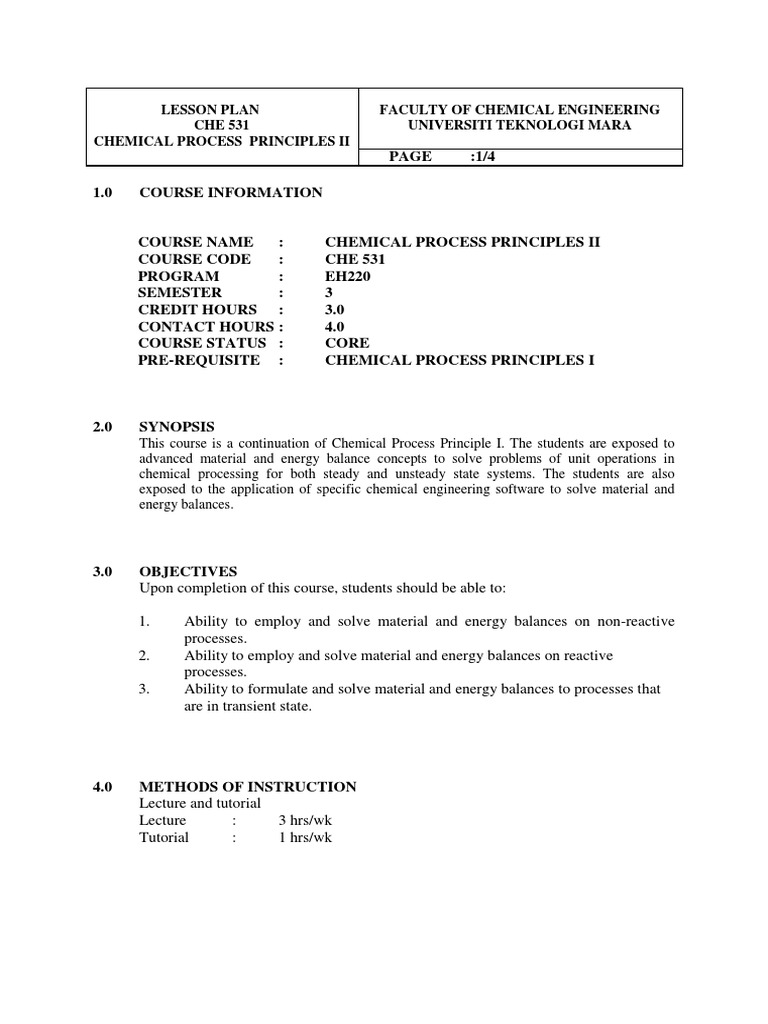Lesson Plan CHE 531 Chemical Process Principles Ii Faculty of Chemical ...