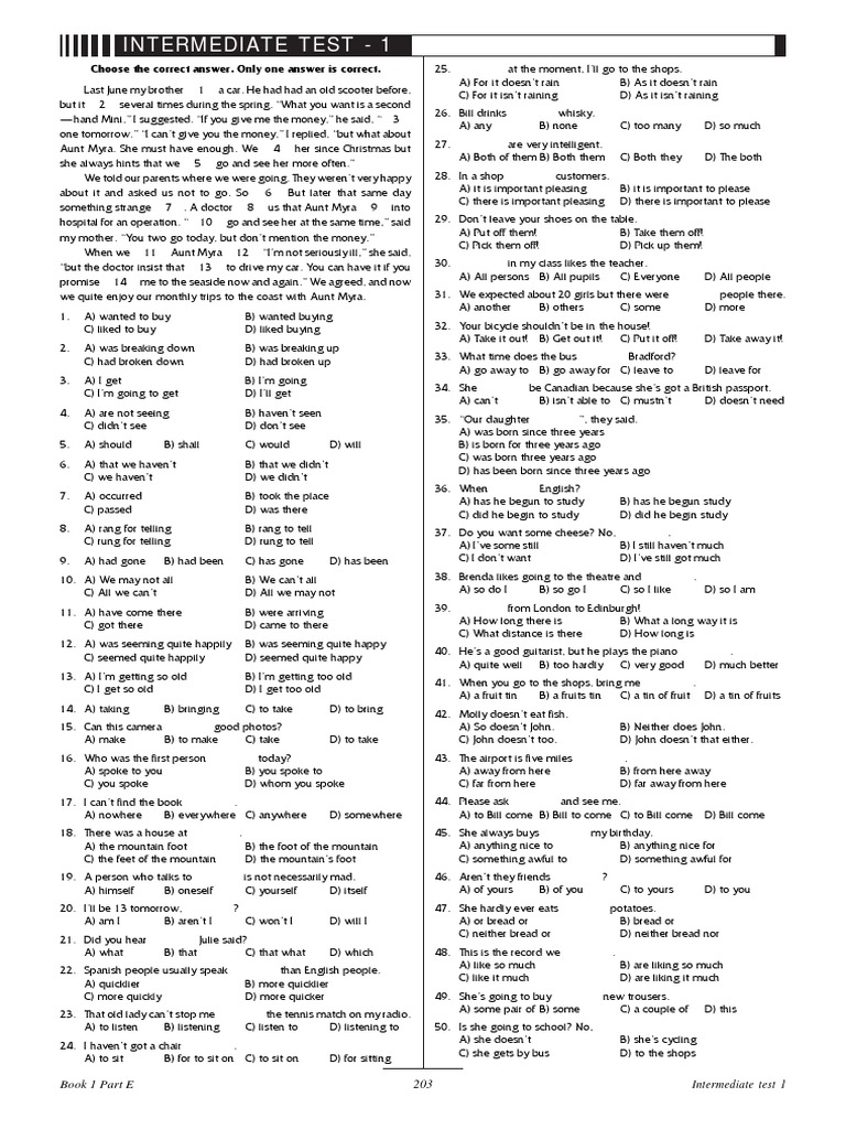 Intermediate English Grammar Test 1 | PDF | Leisure
