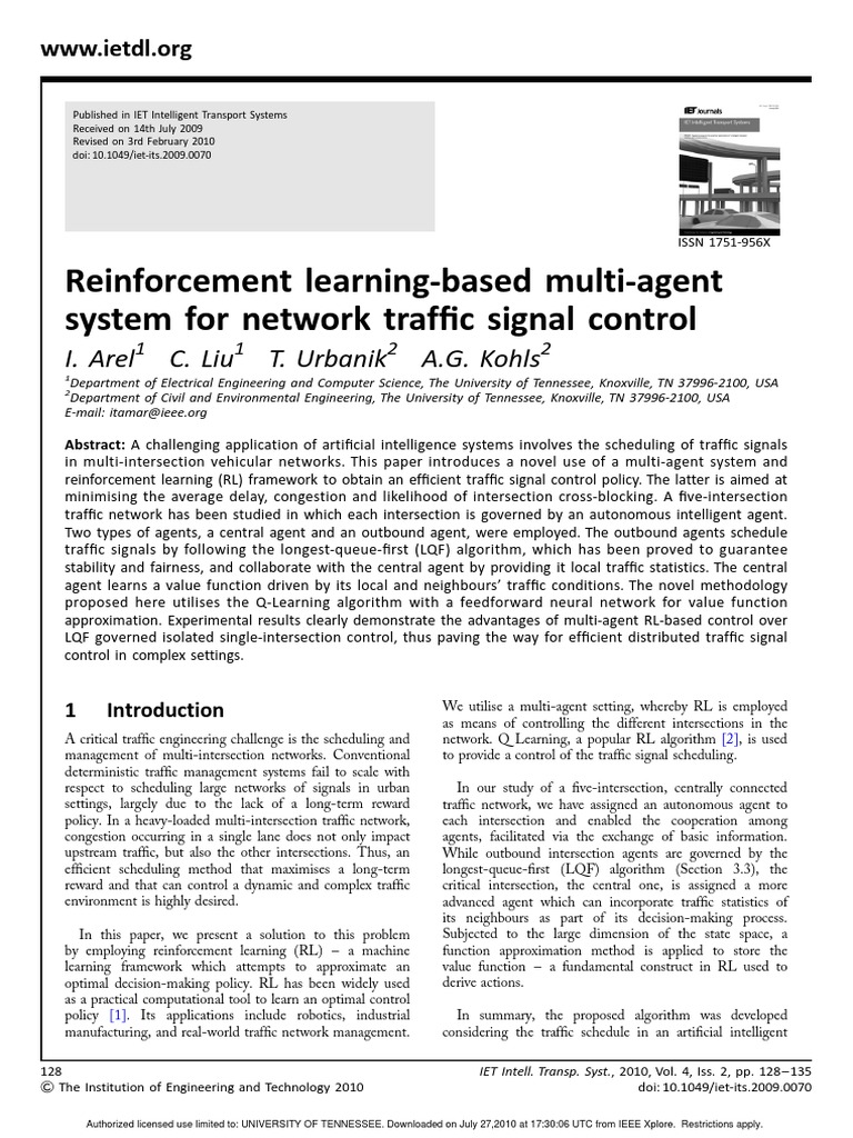 Reinforcement Learning Based Multiagent System For Network Traffic Signal Control | Download ...