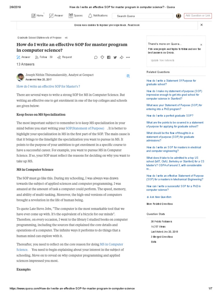 Writing SOPs for CS Master's Programs | PDF | Question | Graduate School