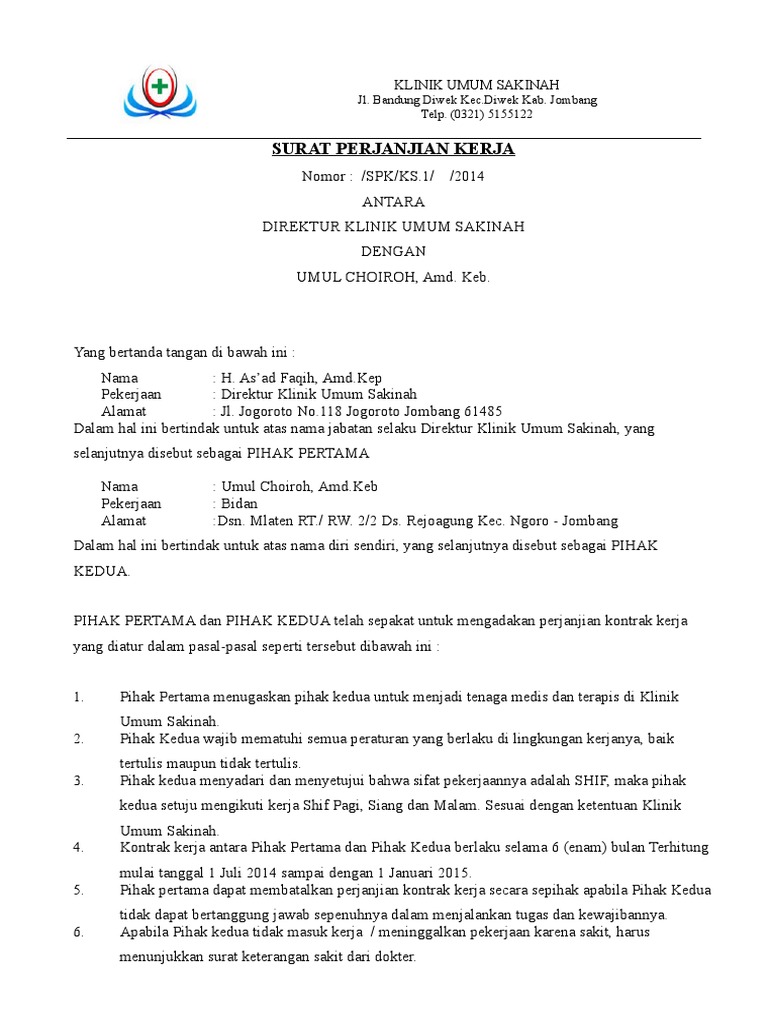 Surat Perjanjian Kerja Klinik Sakinah Pdf