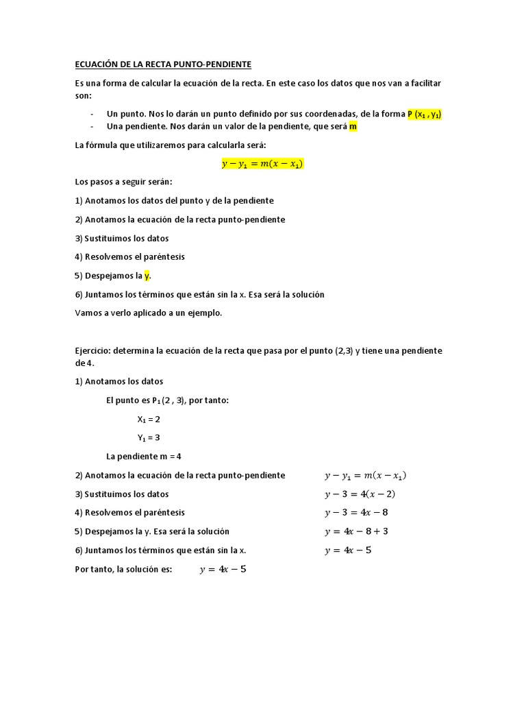 Ecuación de La Recta Punto-Pendiente Apuntes y Actividades | PDF ...